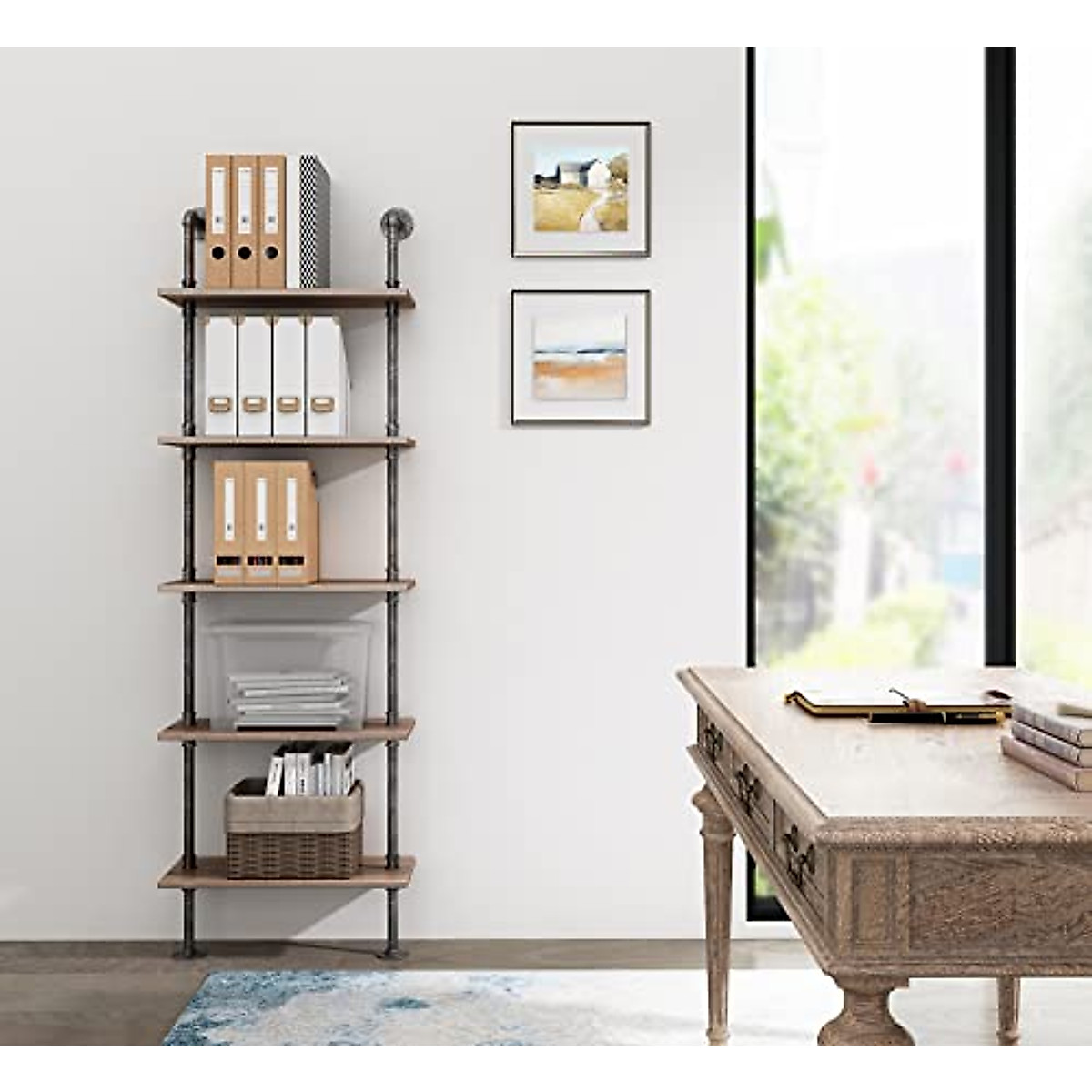 MCleanPin Industrial Shelves Ladder Bookshelves 73in Height 5 Tier Wall Mounted Bookcase, Display Storage Rack Plant Flower Stand Rustic Wood Shelves for Home Office, Bedroom, Kitchen,Living Room