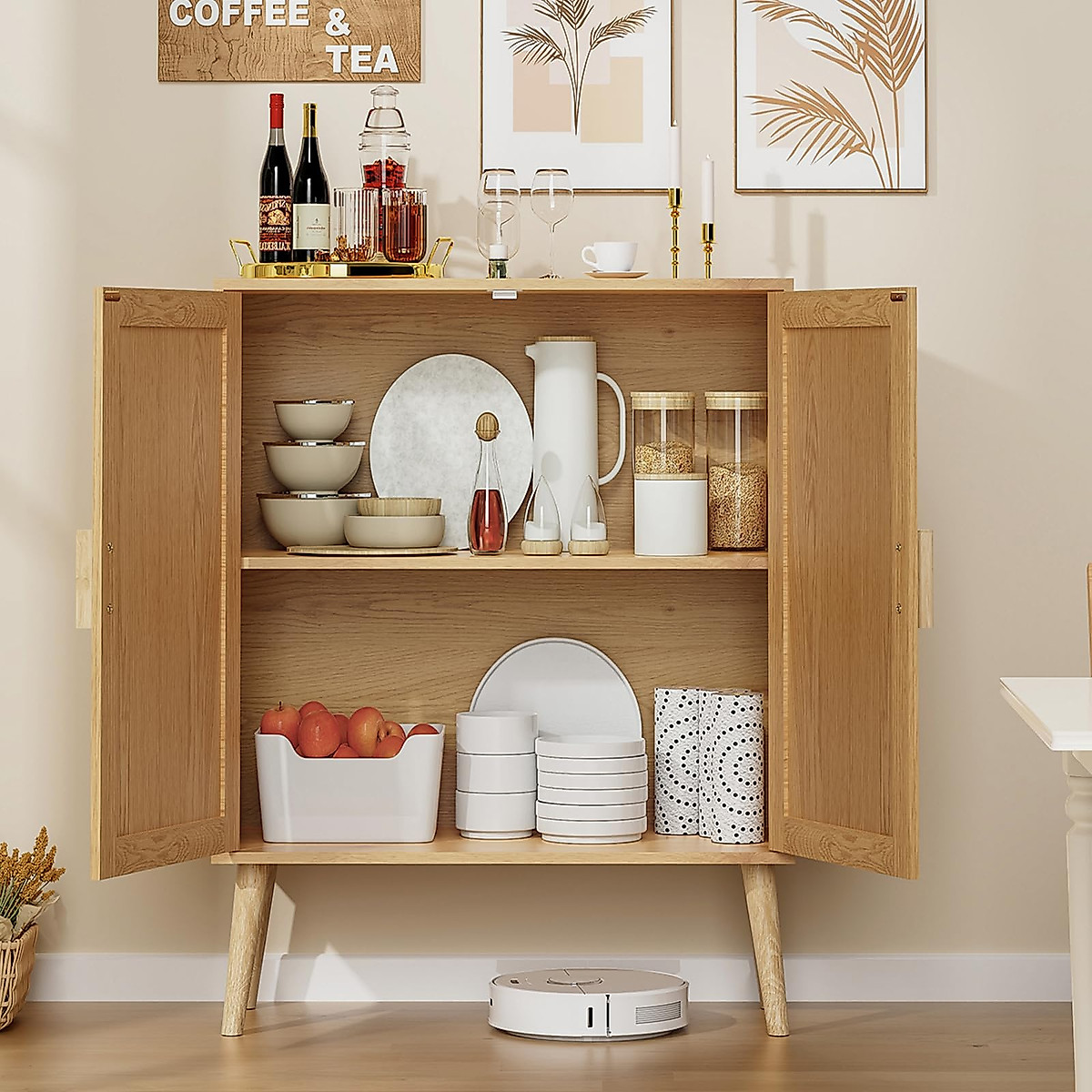 Iwell Storage Cabinet with Adjustable Shelf, Rattan Cabinet with 2 Doors, Rattan Storage Cabinet, Accent Cabinet for Living Room, Dining Room, Entryway, Natural