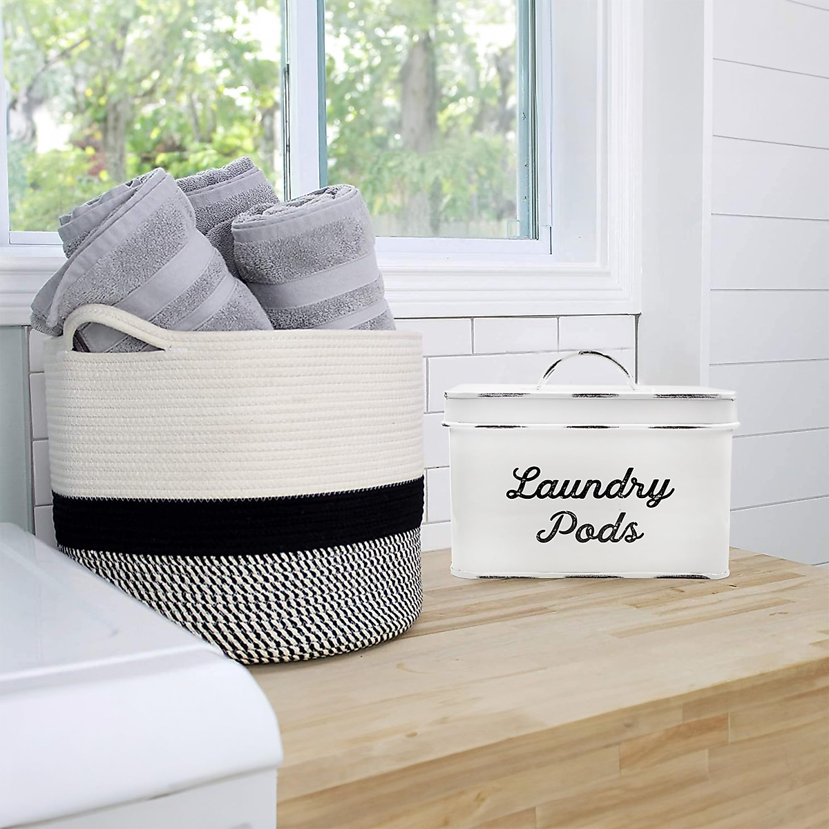 AuldHome Enamelware Laundry Pod Holder; Rustic White Laundry Pod Storage Container
