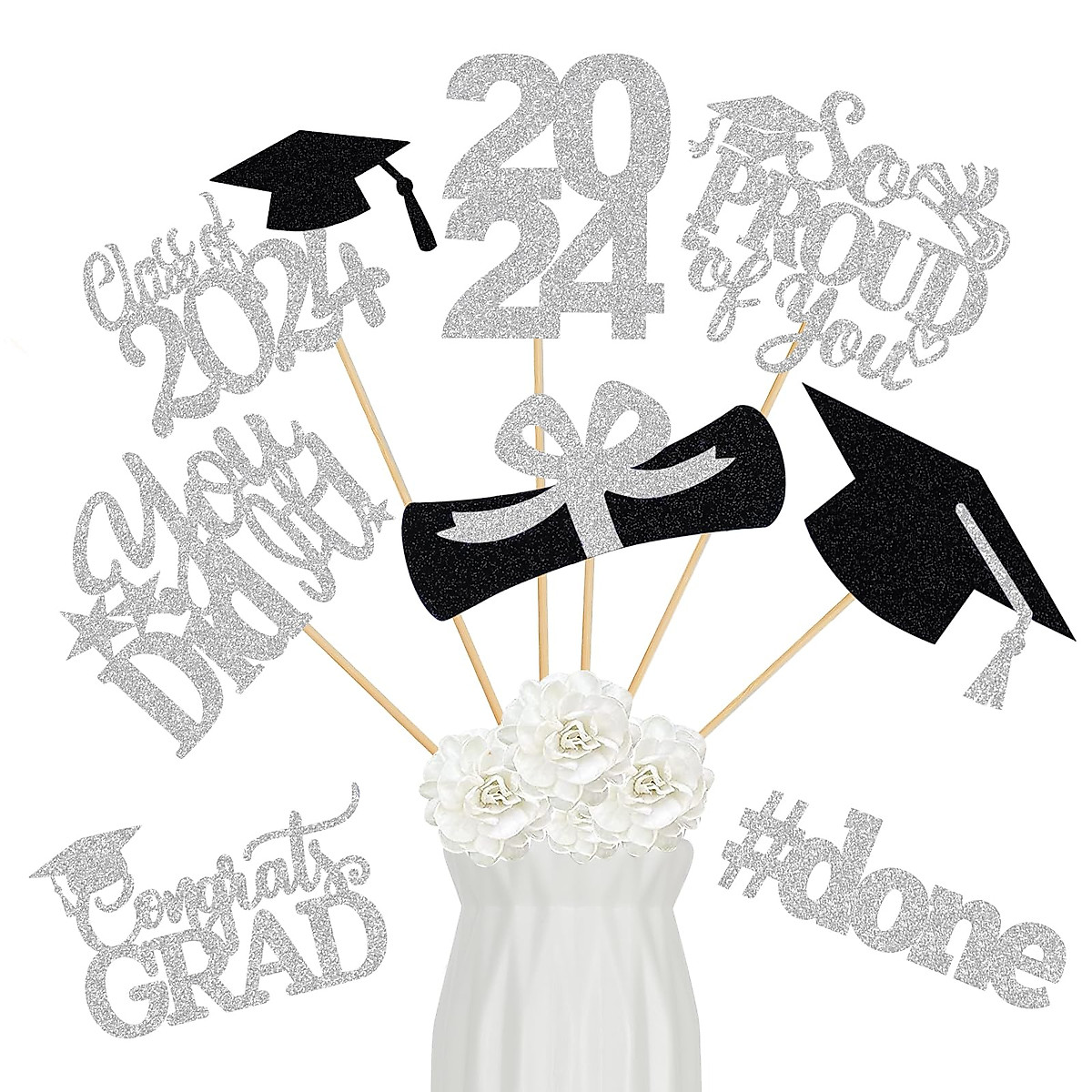 24 Pcs Graduation Centerpieces 2024 Silver, Graduation Centerpieces for Tables 2024 Silver Graduation Centerpiece Sticks for Graduation Party Decorations 2024 Silver