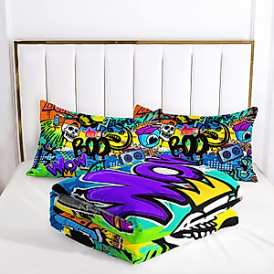 AILONEN Cartoon Skull Bedding Set Twin Size, Graffiti Theme Spray Paint Ink Textured Silhouette Comforter Set,Hip-Hop Style Soft Breathable Duvet Set for Boys Girls 3Pcs, 1 Quilt and 2 Pillowcases