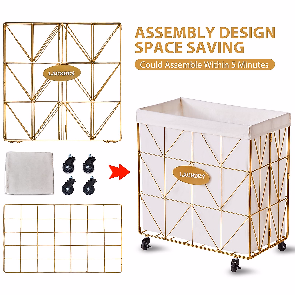 Mxfurhawa Laundry Hamper, Collapsible Laundry Basket Large Capacity 110L Metal Laundry Hamper with Removable Liner, Rolling Wheels and Collapsible Design for Clothes Storage and Organization (Gold)