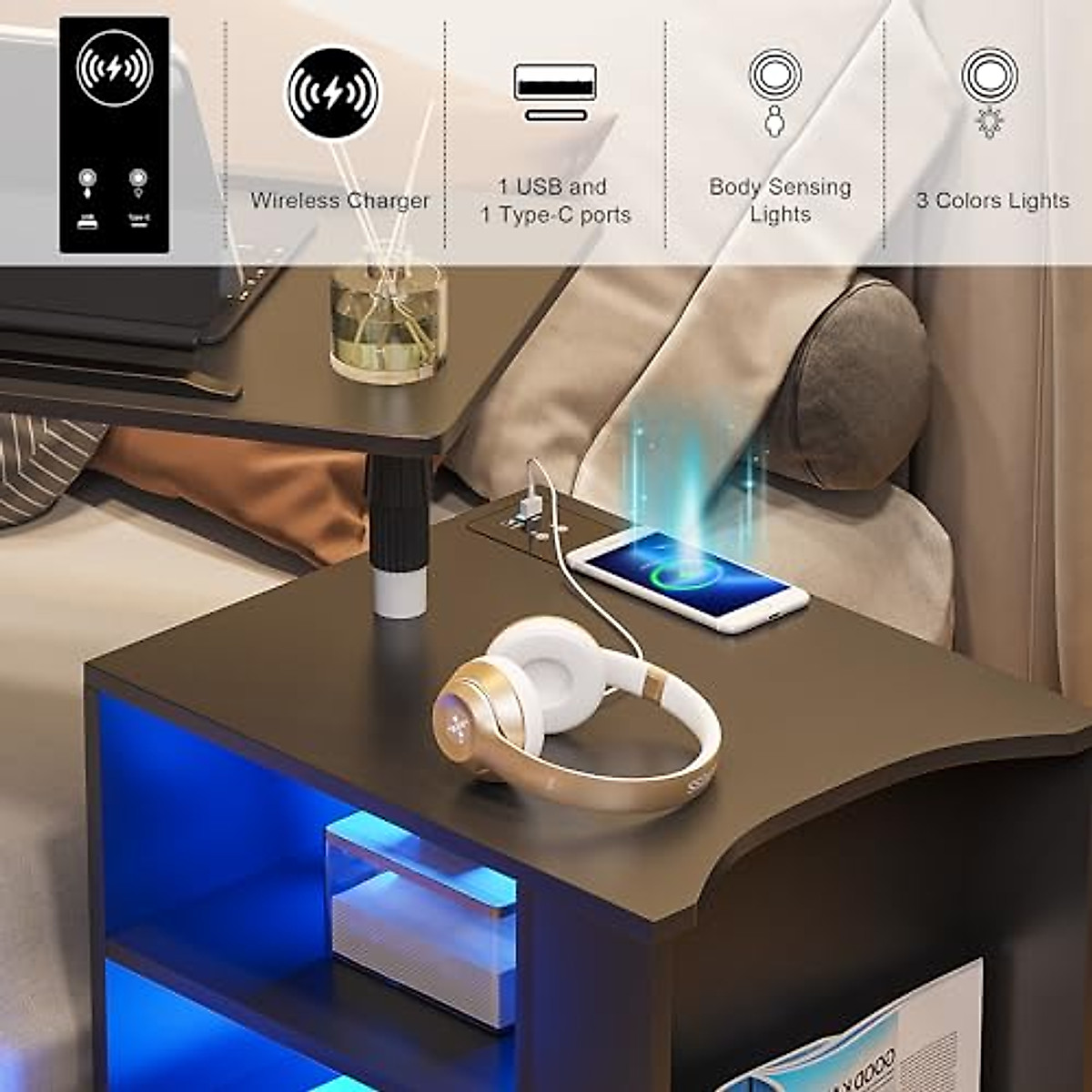 HNEBC LED Nightstand with Wireless Charging Station,Nightstand Has Adjustable Rotary Table,Bedside Tables with One Drawer and 2 Mezzanines/Infrared Induction 3 Color Lighting (On The Right)