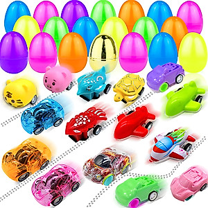[ 1 Golden Egg ] 24 Pack Filled Easter Eggs with Pull Back Cars Toys Inside 24 Styles Vehicle Plastic Surprise Eggs for Kids Toddlers Easter Basket Stuffers Fillers Easter Eggs Hunt Party Favor Gift