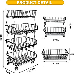 Loyaltaling Utility Cart, Kitchen Storage Cart Fruit Vegetable Storage Basket for Kitchen 4 Tier Stackable Metal Wire Baskets Cart with Rolling Wheels Utility Fruits Rack Produce Snack Organizer Bins