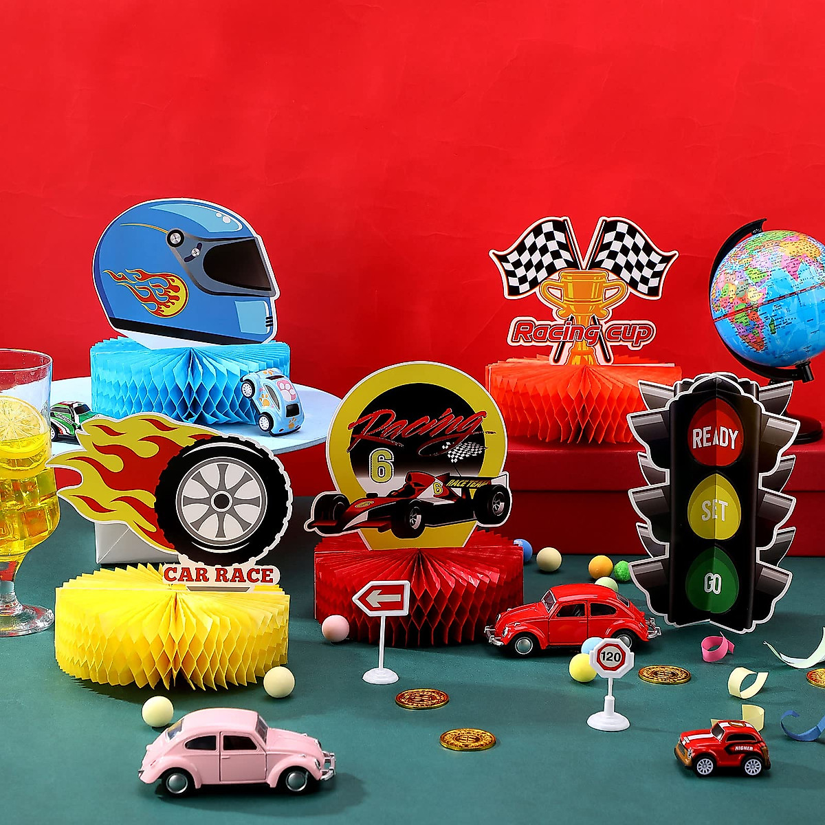 Zonon 9 Piece Race Car Party Decorations Race Car Honeycomb Centerpiece Let's Go Racing Theme Party Cake Ball Table Topper 3D Race Car Paper Centerpiece for Birthday Party Baby Shower Supplies