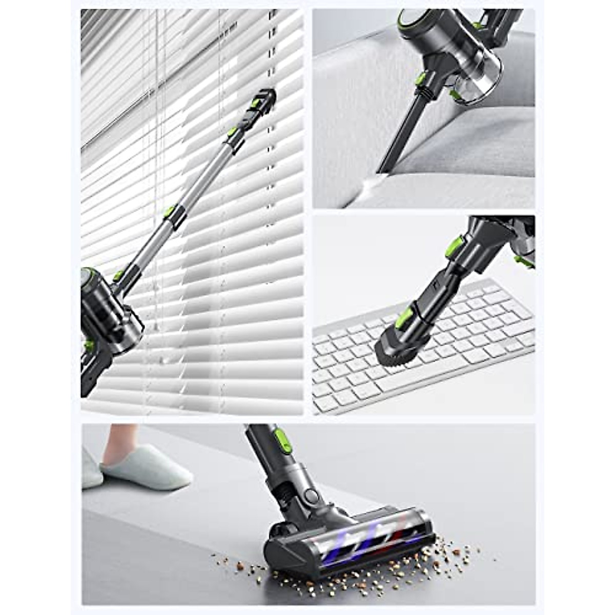 Voweek Cordless Vacuum Cleaner, 6 in 1 Lightweight Stick Vacuum Cleaner with 3 Power Modes, LED Display, Up to 45min Runtime, Vacuum Cleaner for Hardwood Floor Pet Hair Home Car-Olive Green