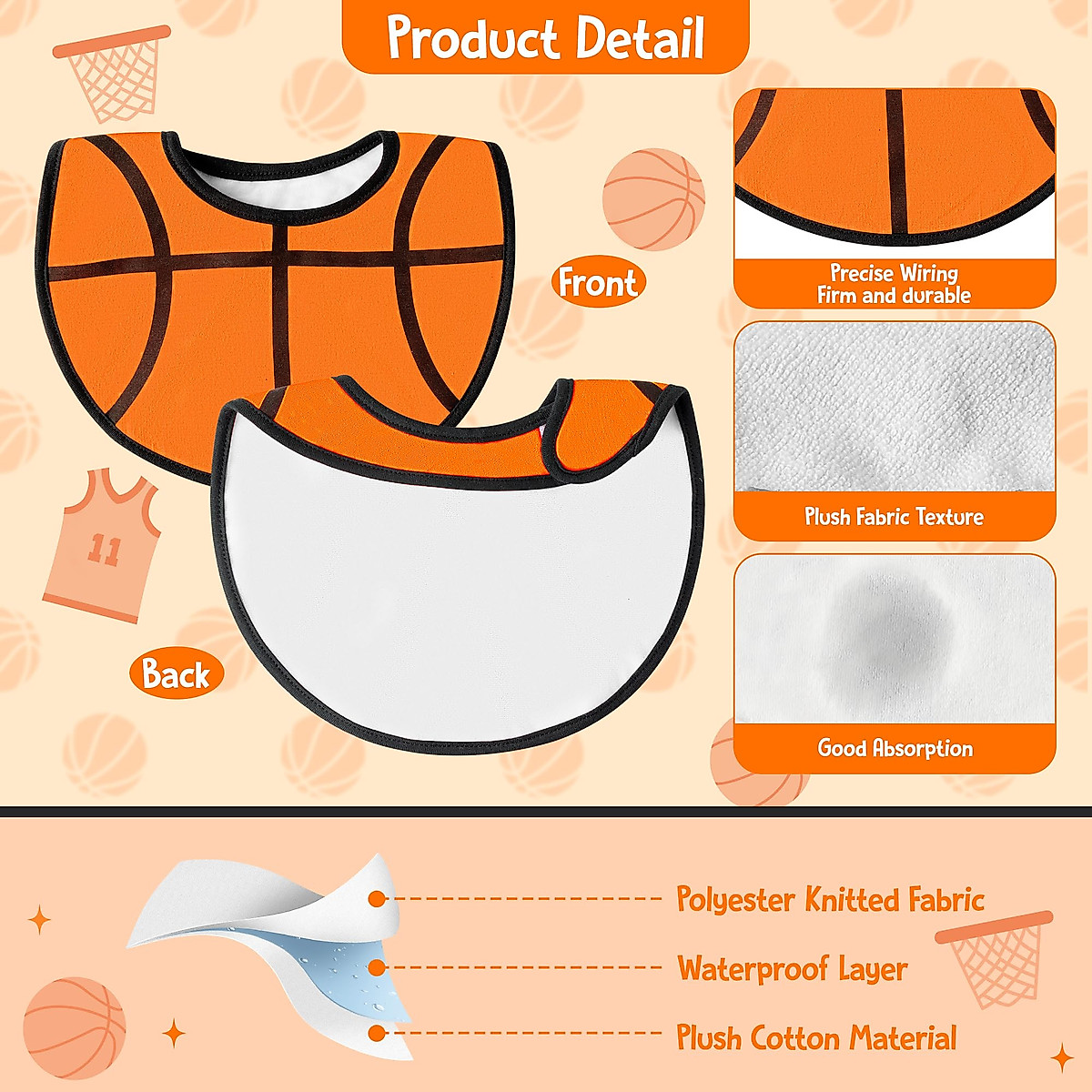 2ooya 6Pcs Basketball Cotton Waterproof Baby Bib Unisex Baby Sport Bibs with Stocking Hook Loop Closure Newborn Babies Infant Food Bib Keepsake Baby Shower Party for Drooling Feeding Eating Teething