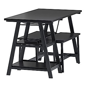 DlandHome Dining Table Set for 2, Kitchen Table Set with 2 Benches, Breakfast Lunch Table with Wine Rack and Glass Holder for Kitchen and Dining,47Inch,Black