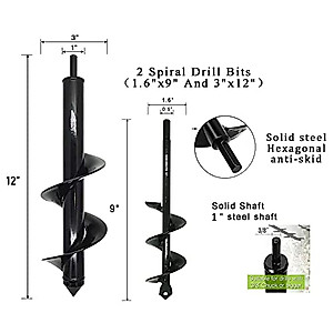 2 Pack Auger Drill Bit for Planting 3"x12" and 1.6"x9" Spiral Drill for Planting Flower Garden Auger Hex Drive Drill, Hole Digger Auger Set for 3/8” Hex Drive Drill