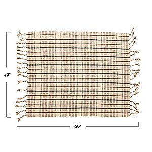 Bloomingville Woven Recycled Cotton Blend Plaid Tassels, Charcoal Color & Brown Throw, Charcoal & Brown