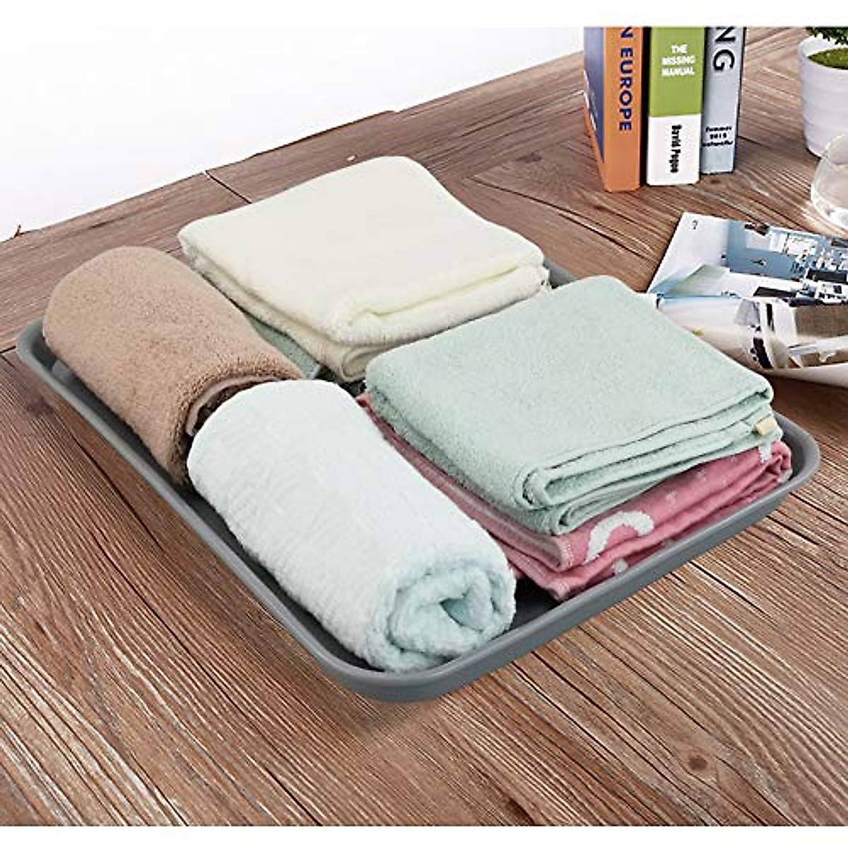 Gloreen Rectangular Fast Food Tray, Cafe Standard Cafeteria Serving Trays, 17.2"X13.5", Set of 4(Grey)