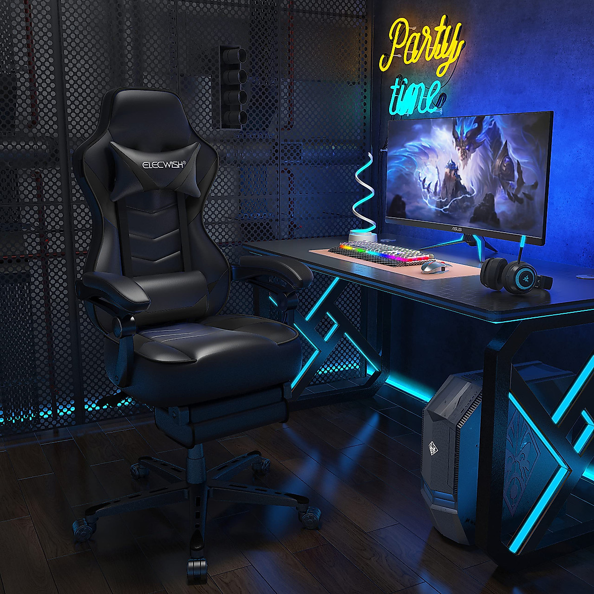 ELECWISH Gaming Chair, Reclining Computer Chair with Footrest and Lumbar Support, High Back Ergonomic Gamer Chair for Adults, Gaming Desk Chair with Headrest PU Leather
