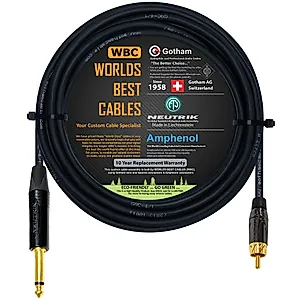 WORLDS BEST CABLES 25 Foot – TS to RCA Cable – Gotham GAC-4/1 (Black) Star-Quad Audio Interconnect Cable & Neutrik NP2X-B & Amphenol ACPL-CBK Gold Plugs - CUSTOM MADE