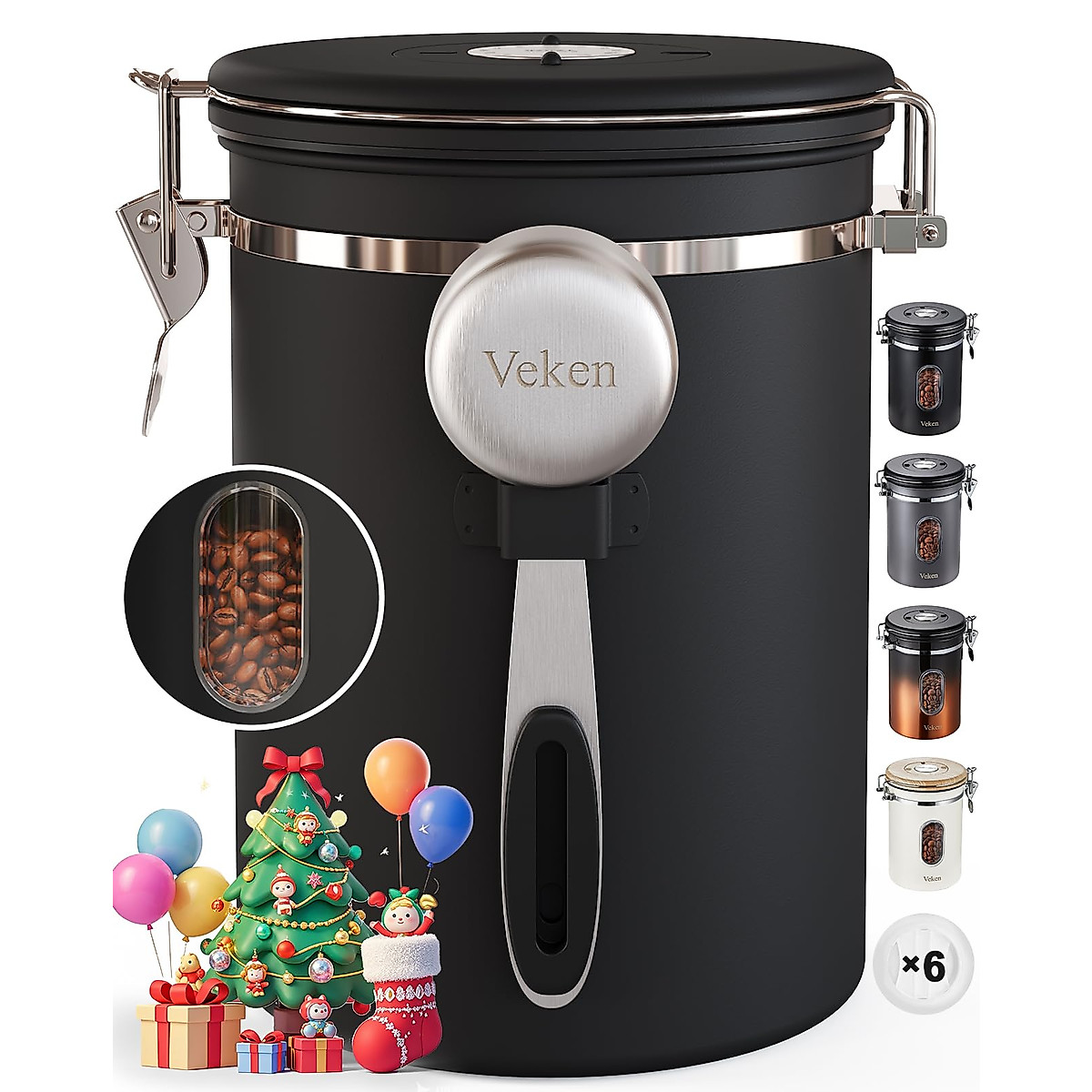 Veken Coffee Canister with Window, Airtight Stainless Steel Kitchen Food Storage Container, Date Tracker and Scoop for Grounds Coffee Bar Accessories, Beans, Tea, Flour, Cereal, Sugar, 22OZ, Black