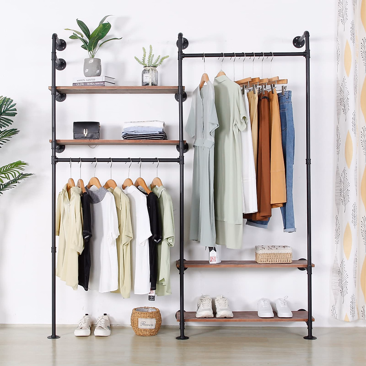 EDCB Industrial Pipe Double Hanging Rods Clothing Rack with 4 Tier Shelves, Heavy Duty Garment Rack Display Rack On Wall for Hanging Clothes Retail Display, Black