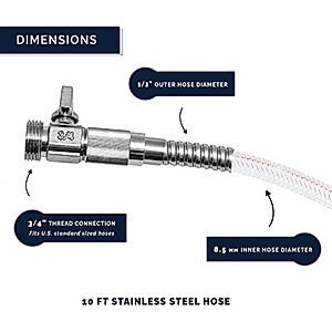 Morvat Heavy Duty 10 Foot Stainless Steel Garden Hose with All Brass Shut-Off Valve, Kink and Tangle Free, Crush and Puncture Resistant, Includes Roll of Teflon Tape and Extra Washers