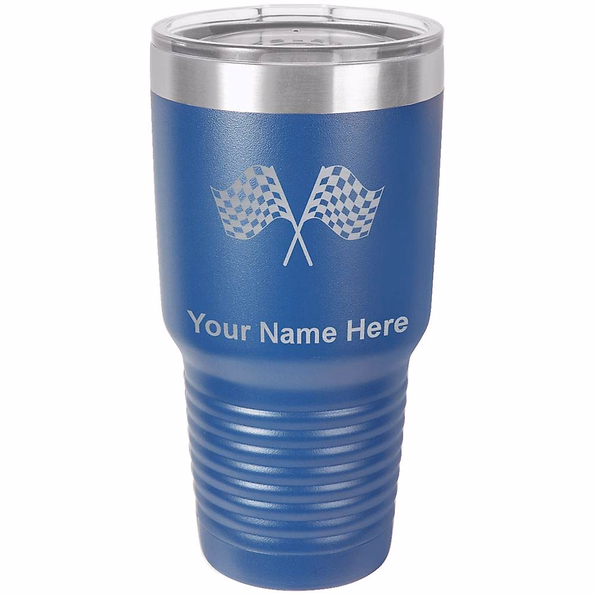 LaserGram 30oz Vacuum Insulated Tumbler Mug, Racing Flags, Personalized Engraving Included (Dark Blue)