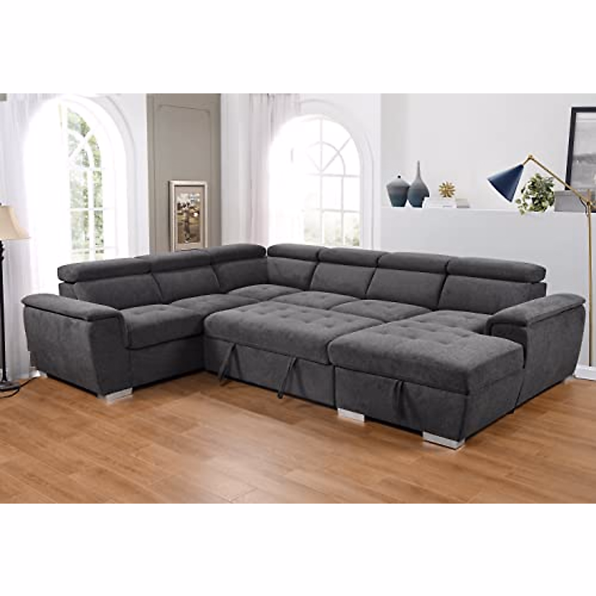 FANYE Gray Corner Sectional Sleeper Reversible Storage Chaise, Modern Convertible Practical Sofa W/Pull Out Sleep Couch Bed for Home Apartment OfficeGray U-Shaped