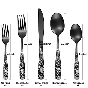 OIULO Pattern Matte Silverware Set for 8,40-Piece Gothic Matte Black Flatware set,Unique Pattern Design,Satin Finish Cutlery for 8,Halloween Skull Tableware Utensils for Kitchen Square