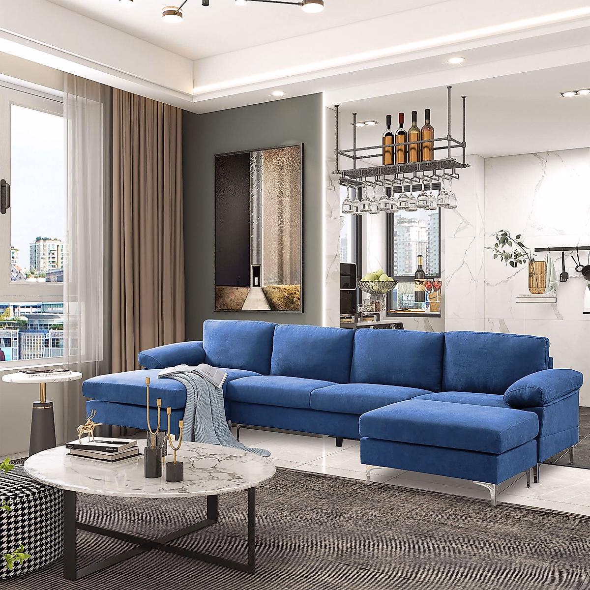 SUMKEA U-Shaped Sectional Sofa with Chaise, Larger Sectional Sofa Set for Living Room, Modern 128" Velvet Corner Sofa for Home and Office (Blue)
