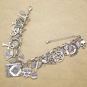 RechicGu Vintage Silver Mythology Fairytale Lucky Charms Cuff Bangle Bracelet Cross Leaf Moon Face Celtic Cat