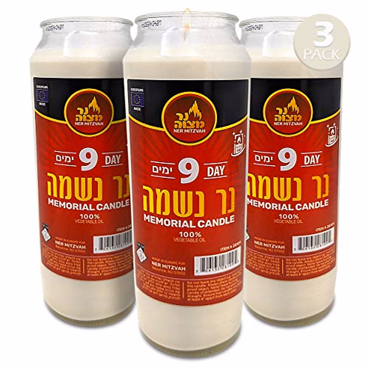 Ner Mitzvah 9 Day Yahrzeit Candle - 3 Pack Kosher White Yahrzeit Memorial Candles - Yom Kippur and Holiday Candle in Glass Jar - 100% Vegetable Oil Wax Prayer Candle
