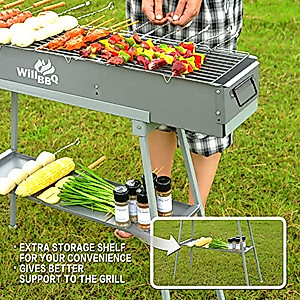 WILLBBQ Commercial Quality Portable Charcoal Grills Multiple Size Hibachi BBQ Lamb Skewer Folded Camping Barbecue Grill for Garden Backyard Party Picnic Travel Home Outdoor Cooking Use(31.6x7.1x5.1 inch)