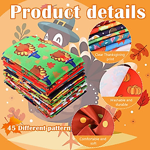 45 Pcs Thanksgiving Fabric Fall Assorted Fabric 9.8 x 9.8 Inch Squares Fat Quarter Quilting Cotton Fabric Pumpkin Maple Plaid Sunflower Fabric for DIY Sewing Craft Supply