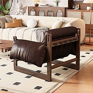 FRITHJILL 33.5" Wide PU Leather Accent Chair with Solid Wood Frame, Cozy and Stylish Living Room Bedroom Armchair, Lounge Chair with Pillow-Like Comfort, Dark Brown