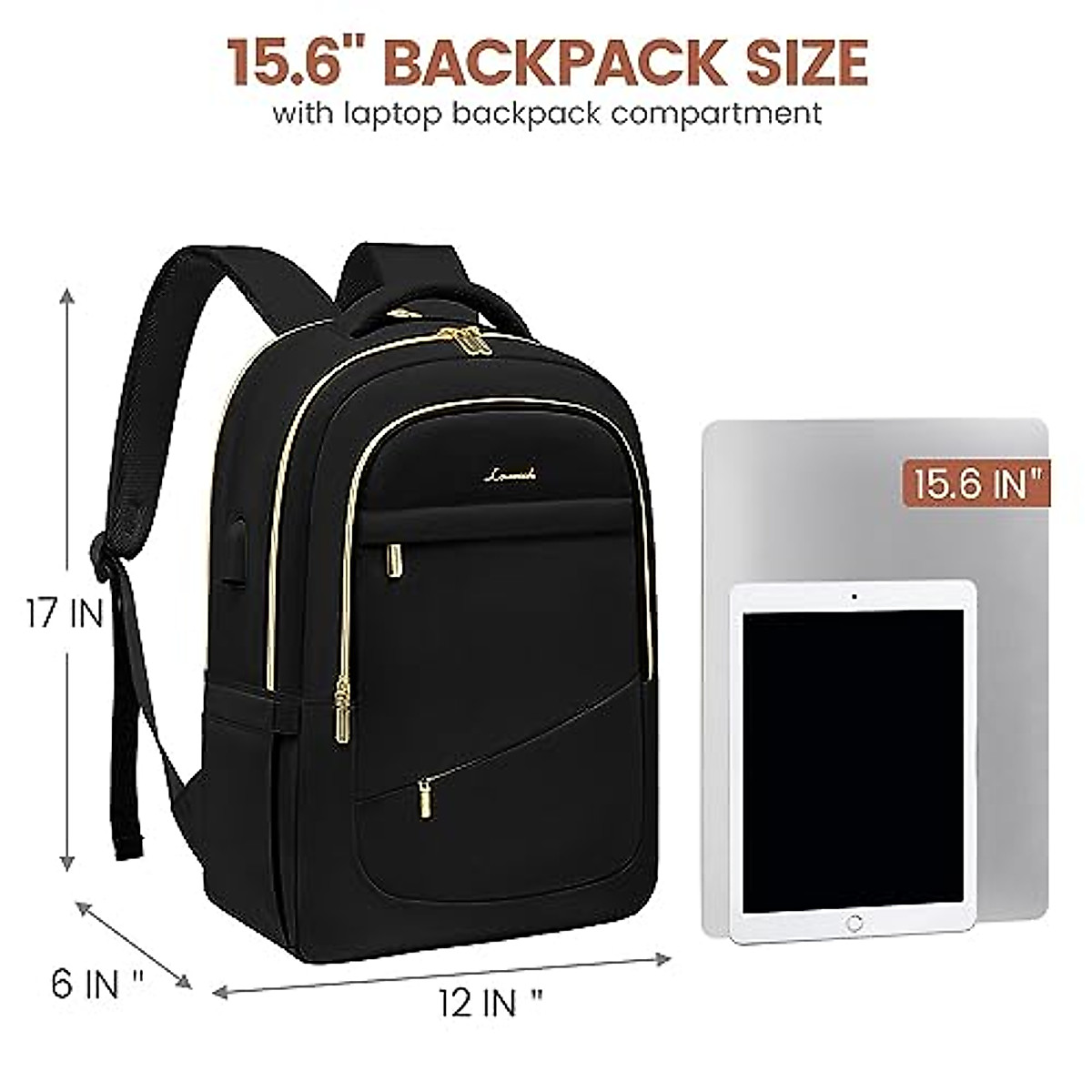 LOVEVOOK Laptop Backpack for Women,15.6 Inch College Travel Work Computer Back Pack,Backpacks with USB Port,Water Resistant Back pack with Laptop Compartment for Teacher Nurse,Black