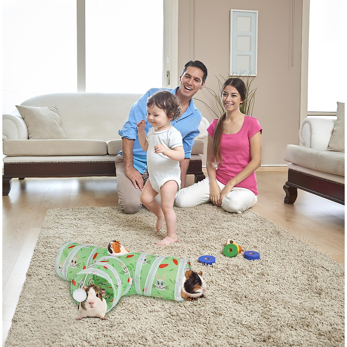 Rypet Guinea Pig Tunnel 3 Way Collapsible Small Pet Tunnels and Tubes with Interactive Ball for Baby Rabbit Ferret Hamster Chinchilla Hedgehog Hiding and Resting-Green