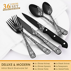 EUIRIO 36-Piece Black Silverware Set with Steak Knives, Black Flatware Set for 6, Stainless Steel Mirror Cutlery Set, Spoons Forks Knives Set with Unique Floral Laser, Eating Utensils, Dishwasher Safe