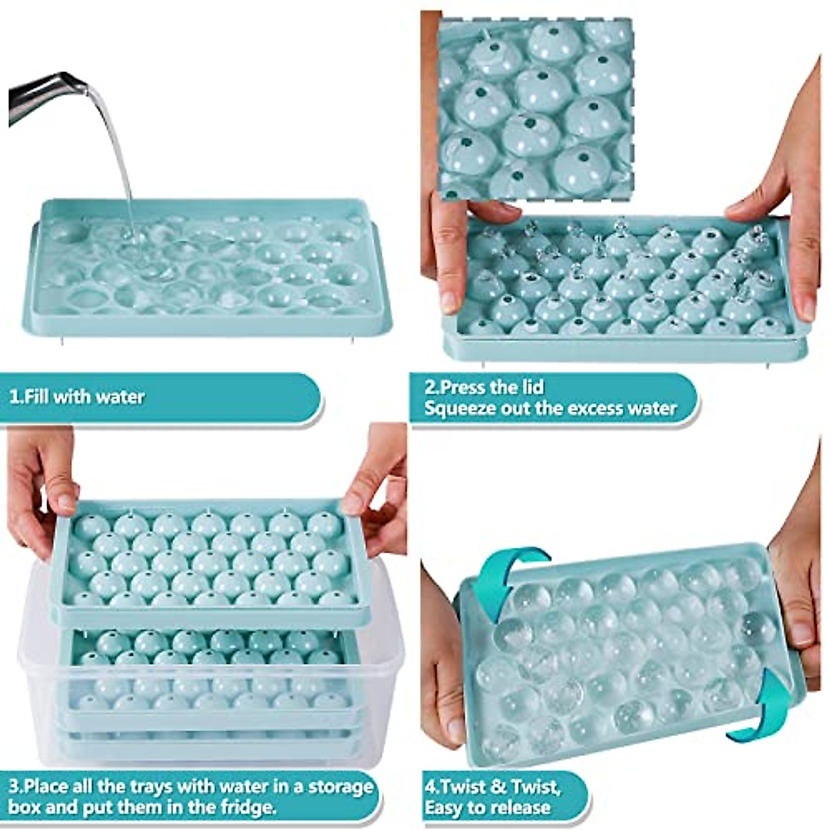 Round Ice Cube Trays - 3 Pack Round Ice Ball Maker Mold with Container Ice Cube Trays with Ice Bin Ice Scoop, for Ice Chilling, Cocktail, Juice, Coffee, Freezer