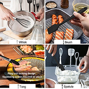 LIANYU 12-Piece Black Silicone Kitchen Cooking Utensils Set with Holder, Kitchen Tools Include Slotted Spatula Spoon Turner Ladle Tong Whisk, Dishwasher Safe