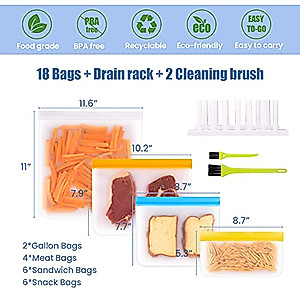Reusable Storage Bags -21 Piece Set, 2 Reusable Gallon Bags & 4 Reusable Freezer Bags & 6 Reusable Sandwich Bags & 6 Reusable Snack Bags, BPA free LEAKPROOF Thickend Reusable Food Storage Bags