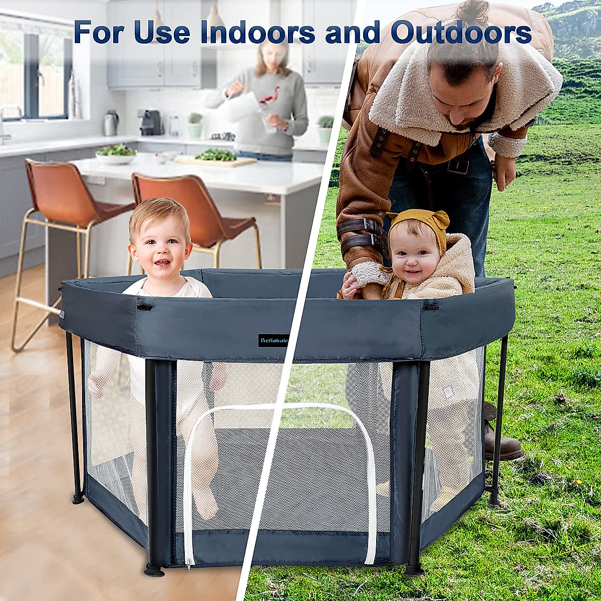 Baby Playpen, Bellababy Extra Large Playard, Kids Activity Centre, Portable with Soft Mattress & Storage Bag, Anti-Skid Pads, Lightweight, Indoor-Outdoor