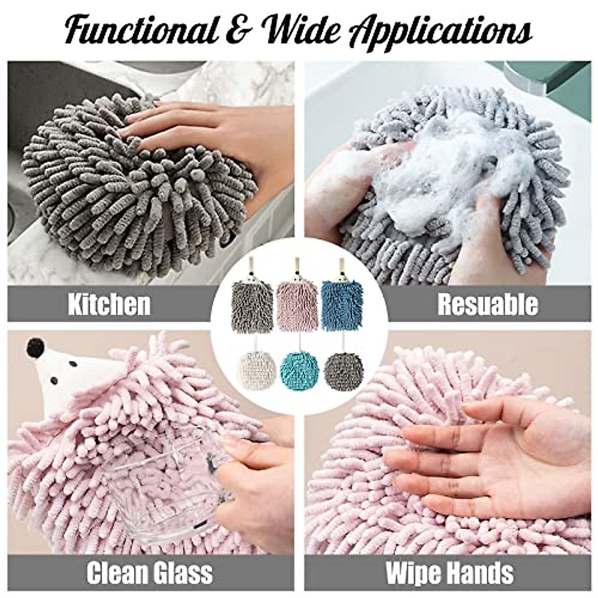 RETON 6PCS Bathroom Hand Towel, Soft Absorbent Quick Drying Chenille Hand Towels, Cute Animal Hanging Hand Towels for Kitchen Powder Room Kids (White+Gray+Pink+Blue, Hedgehog)
