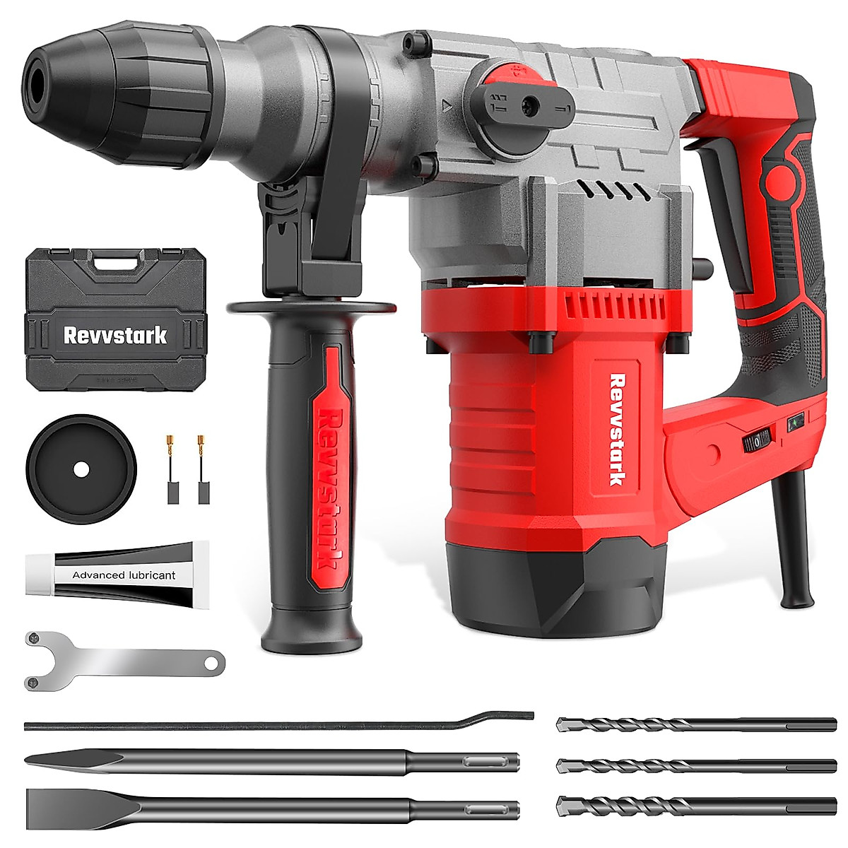 Rotary Hammer Drill, Revvstark 13 Amp 1-1/4 Inch SDS-Plus Heavy Duty Rotary Hammer Drill Powerful, Safety Clutch 4 Functions, Vibration Control Including Grease, Chisels, Drill Bits and Case