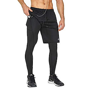 SILKWORLD Men's 2 in 1 Running Compression Tights Pants Mesh Athletic Workout Gym Legging,Black,Large