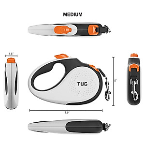 TUG 360° Tangle-Free Retractable Dog Leash with Anti-Slip Handle | 16 ft Strong Nylon Tape | One-Handed Brake, Pause, Lock (Medium, White/Orange)