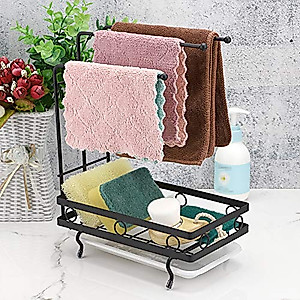 JUXYES Kitchen Sink Caddy Sponge Holder with Dishcloth Drying Rack, Kitchen Rag Stand Sponge Brush Soap Dish Dishcloth Rack Sink Storage Organizer for Kitchen Countertop (Black)