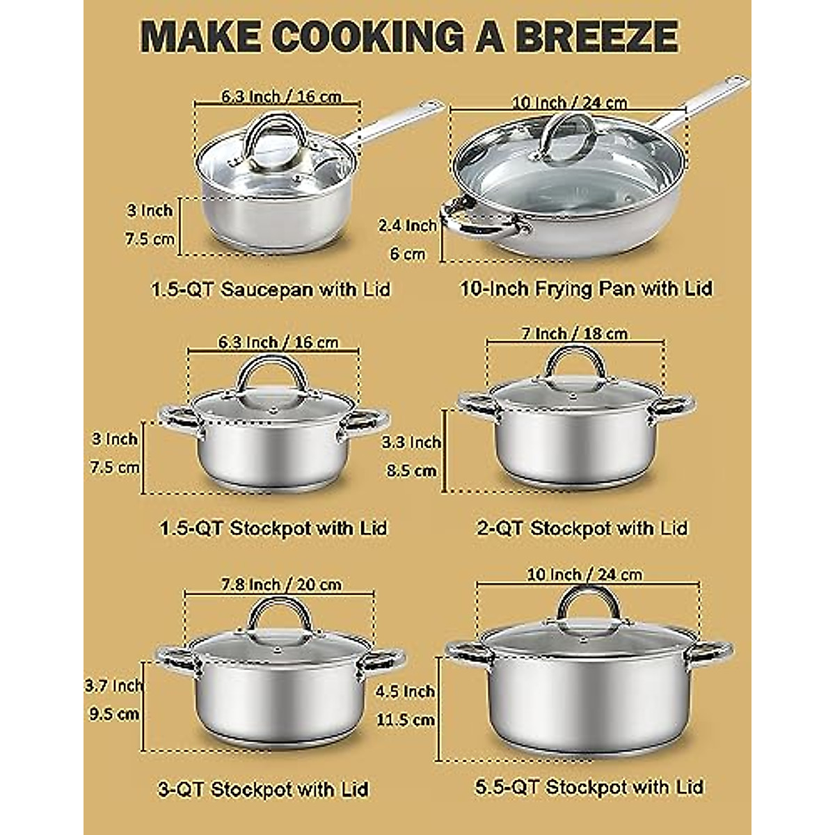 Cook N Home Kitchen Cookware Sets, 12-Piece Basic Stainless Steel Pots and Pans, Silver