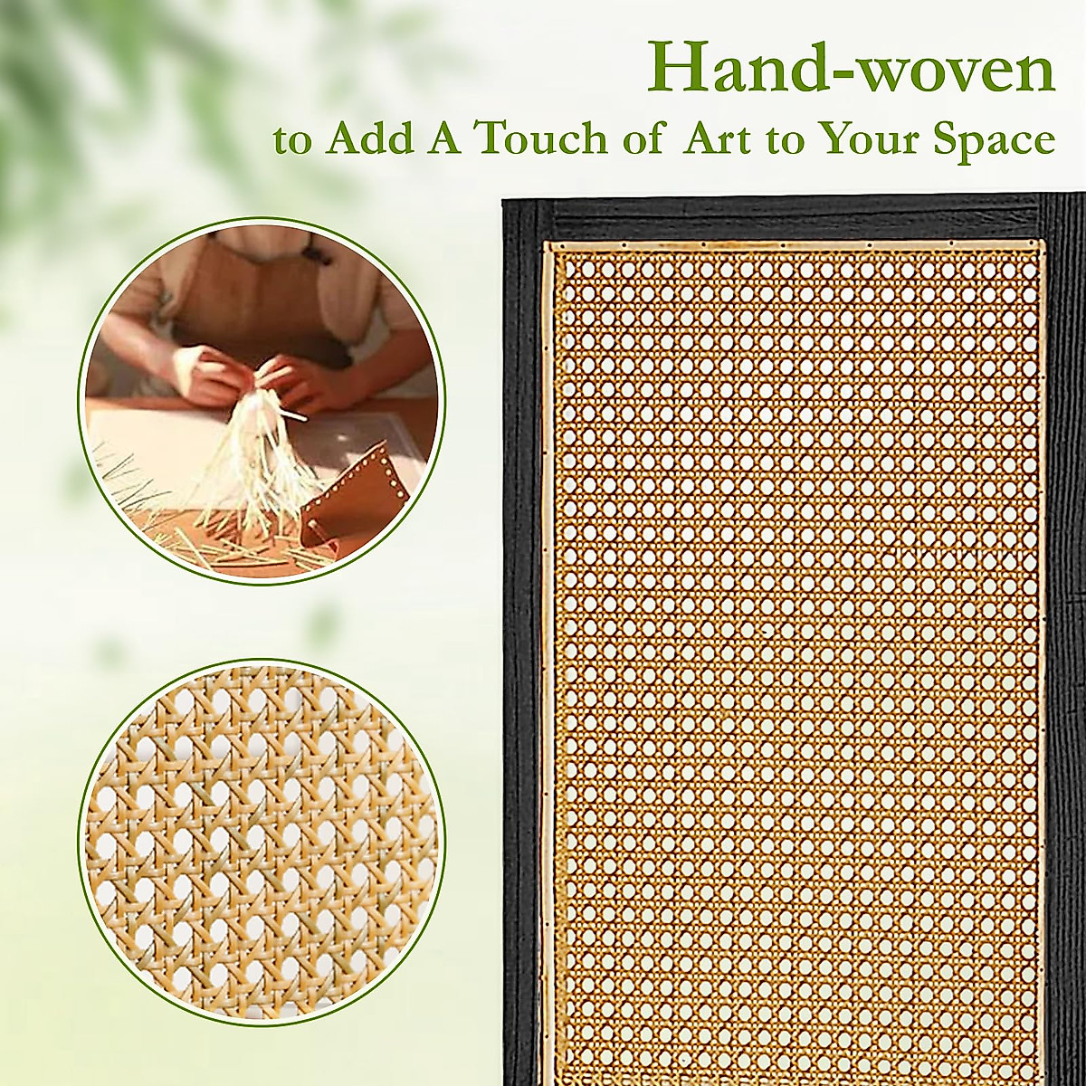 ALeesing 4 Panels Wood Room Divider and Folding Privacy Screens, Hand-Woven Rattan Room Dividers Panel, Room Divider Wall Freestanding, Room Partitions Screen for Home Office Bedroom, Black