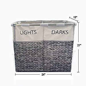 Shuoguoleilei 110L Double Laundry Basket, Rattan pattern Collapsible Laundry Hamper 2 section Sorter Bin Storage Bag for College Bathroom Bedroom Garage(Rattan)