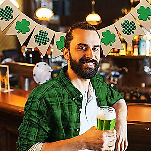 Whaline St. Patrick's Day Banner Green Plaid Shamrock Burlap Banner Pre-Assembled Plaid Shamrock Bunting Garland Sign for Irish Holiday Party Supplies Home Decoration