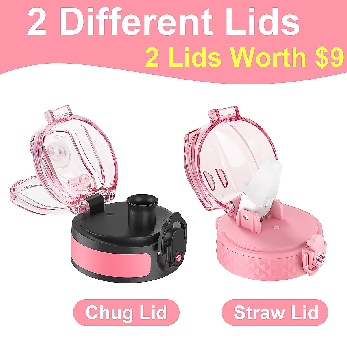 OLDLEY Kids Water Bottle for School with Straw Chug Lid, 15 oz Unbreakable Leak-Proof BPA-Free Motivational Water Bottles with Time Marker for Travel Sports Gym, 2 Lids, Candy Pink/Blueberry