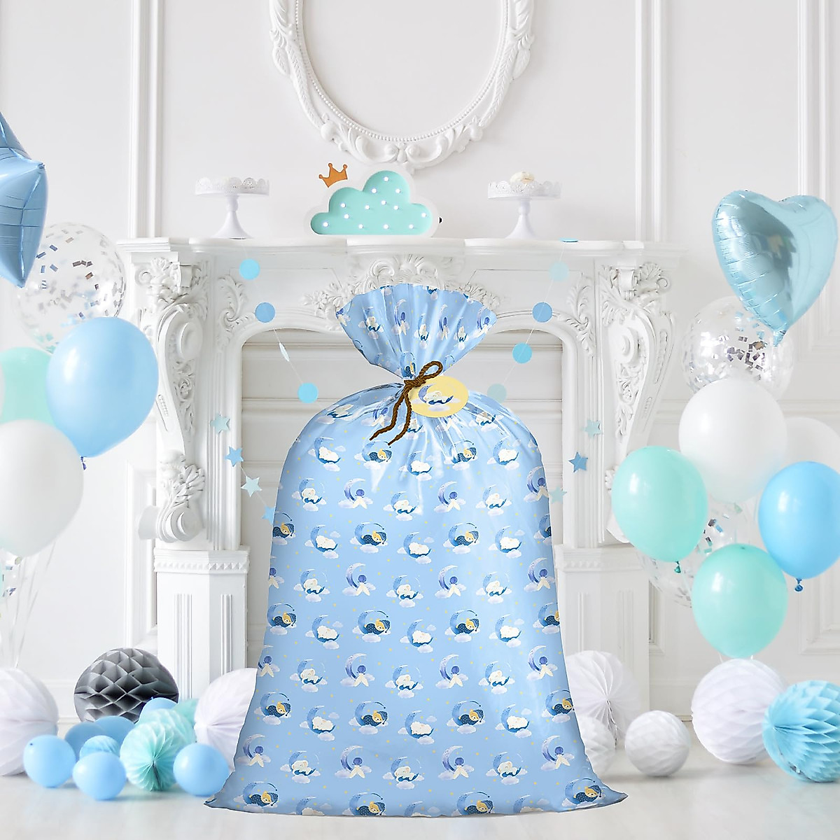 Loveinside Jumbo Large Plastic Gift Bag, Baby Boy Design Plastic Bag with Tag and Tie for Birthday, Baby Shower - 56" x 36", 1 Pcs - Blue Sleepy Bear
