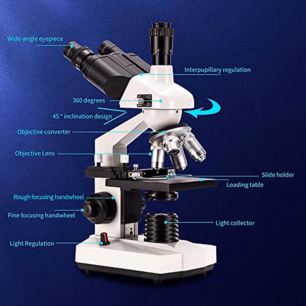 Compound trinocular Microscope, 40X-5000X Magnification, Digital Laboratory trinocular Compound LED Microscope with USB Camera and Mechanical Stage, WF10x and WF20x eyepieces, Abbe Condenser