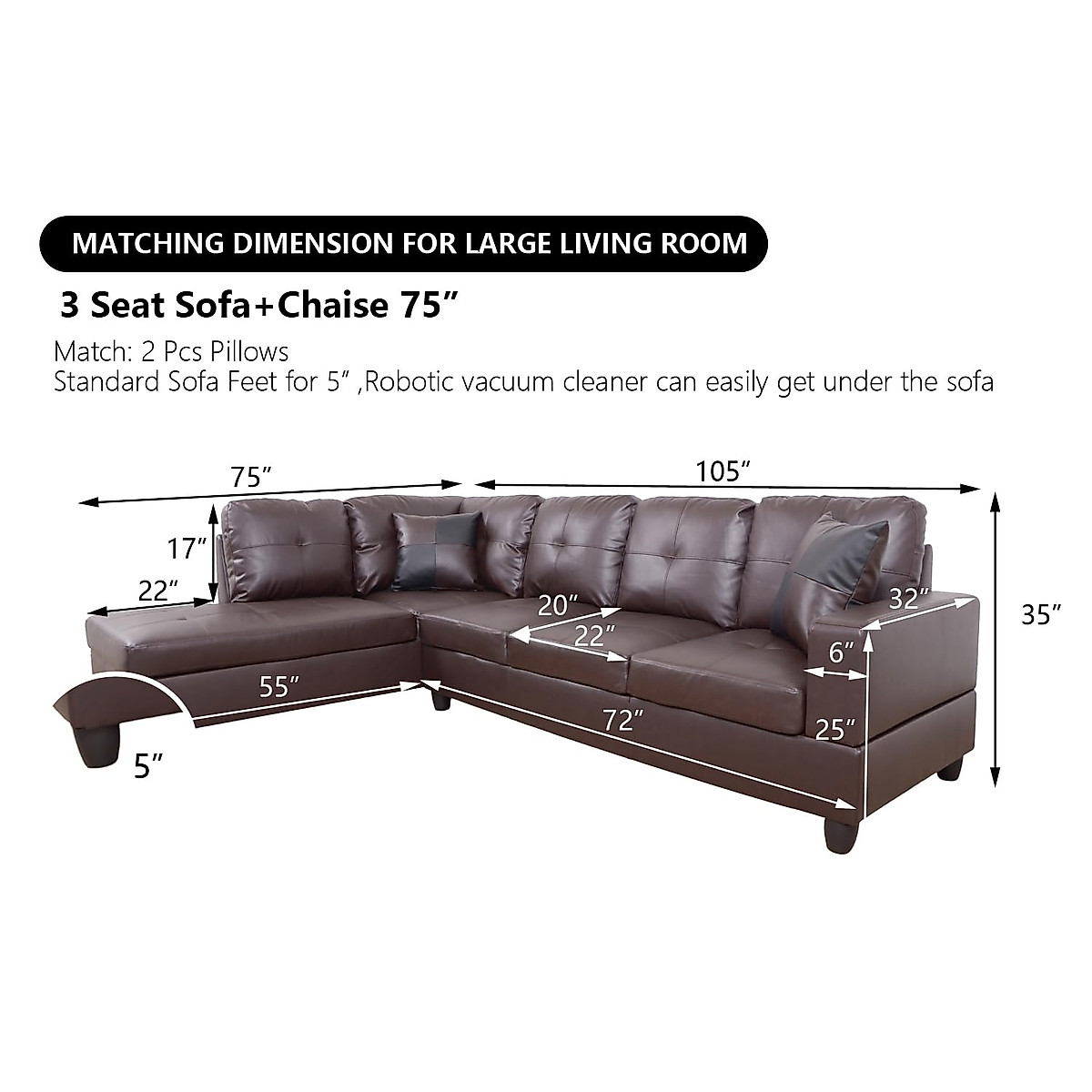 SIENWIEY Sectional Couch for Living Room Furniture Sets, Brown Leather Couch L Shape Couch Faux Leather Sofa Living Room Sofa with Chaise 2 Piece Using for Living RoomBrown,Facing Left Chaise